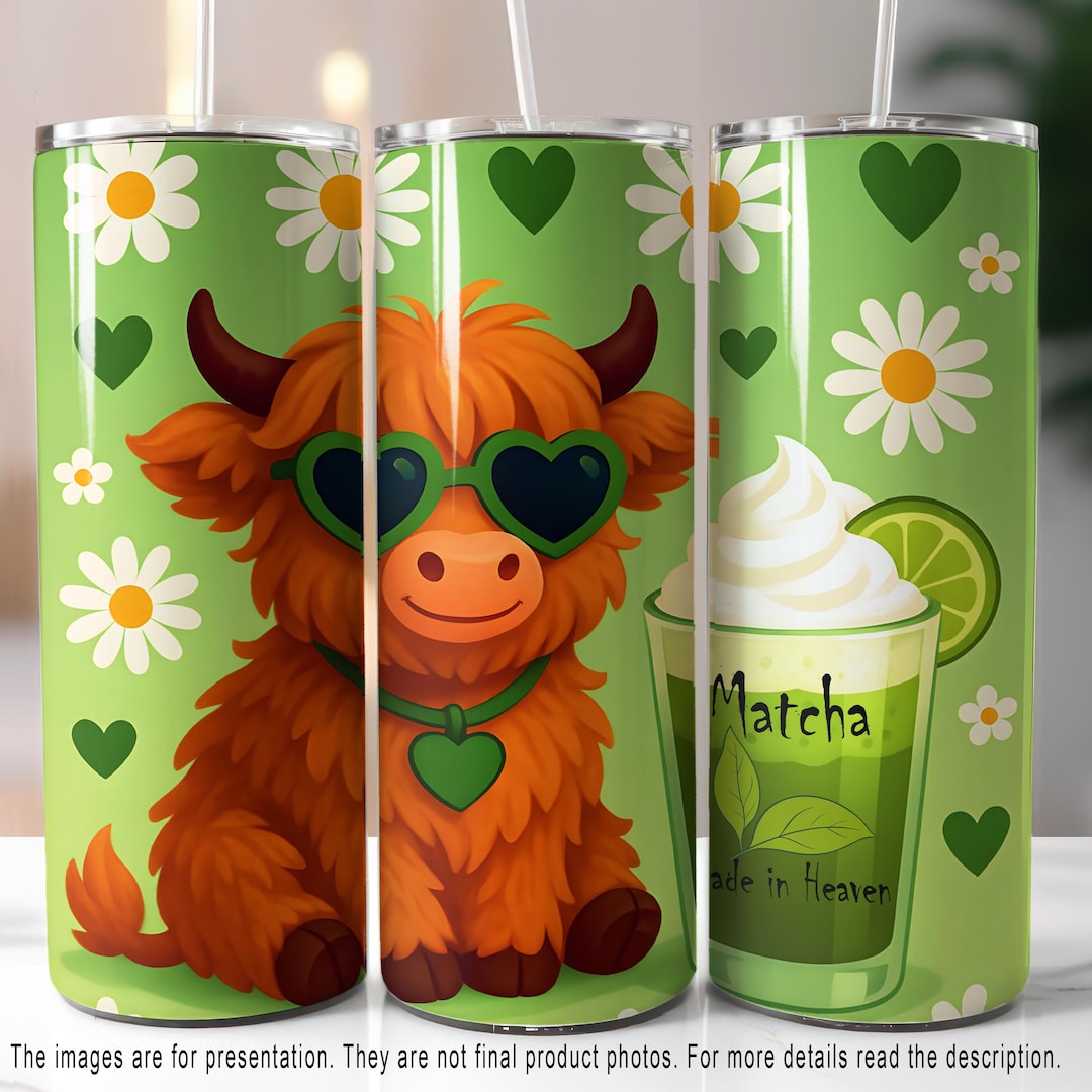 Matcha Heifer 20oz Skinny Tumbler Wrap PNG, Cute Baby Highland Cow ...