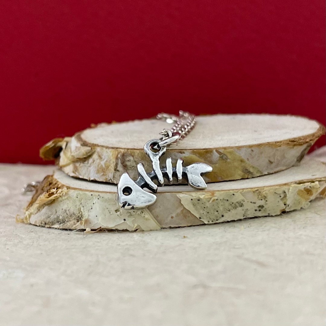Tiny Fish Skeleton Silver Pendant, Fish Bone Necklace, Sterling Silver ...