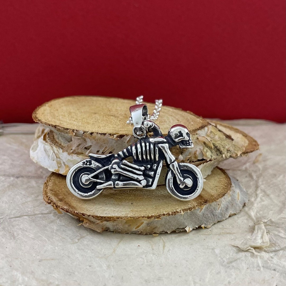 Motorcycle Silver Pendant, Skeleton Motorbike Necklace, Sterling 925 ...