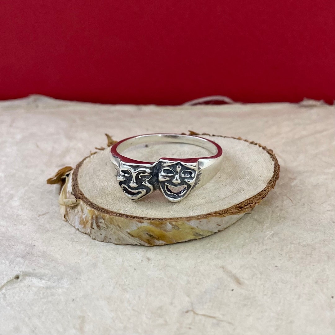 Comedy and Tragedy Mask Silver Ring, Sterling 925 Silver Theater Mask ...
