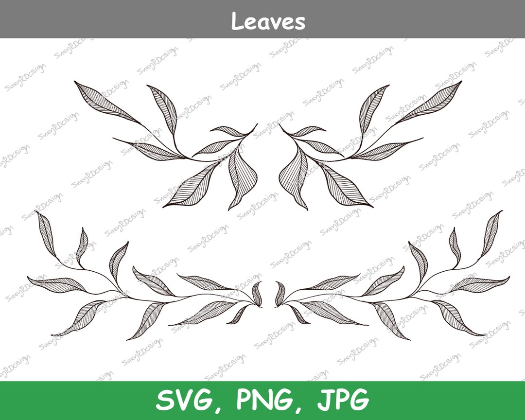 Leaves, 2 Line Drawings of Leaves on Vines, Illustration Svg, Leaf Svg ...