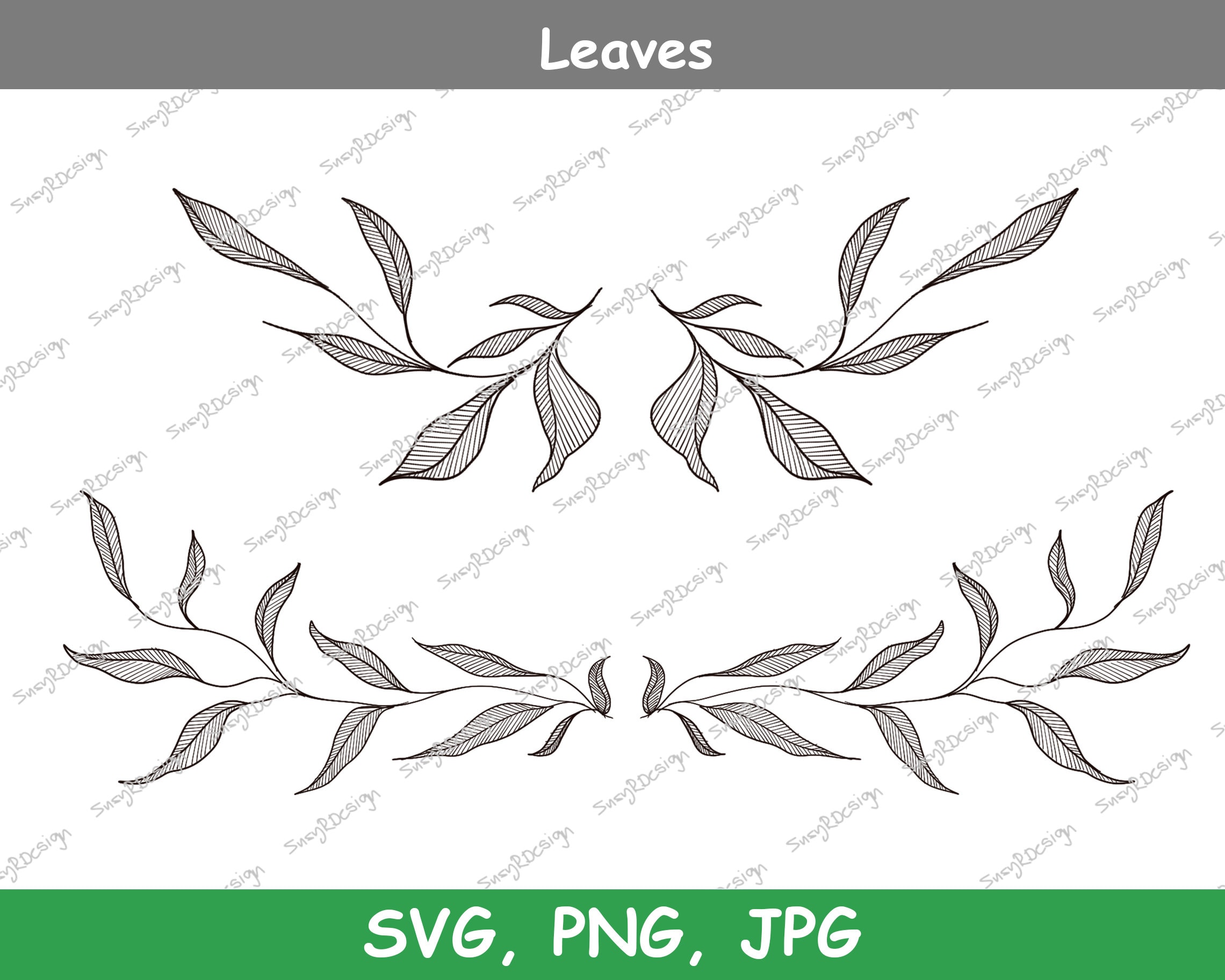 Leaves, 2 Line Drawings of Leaves on Vines, Illustration Svg, Leaf Svg ...