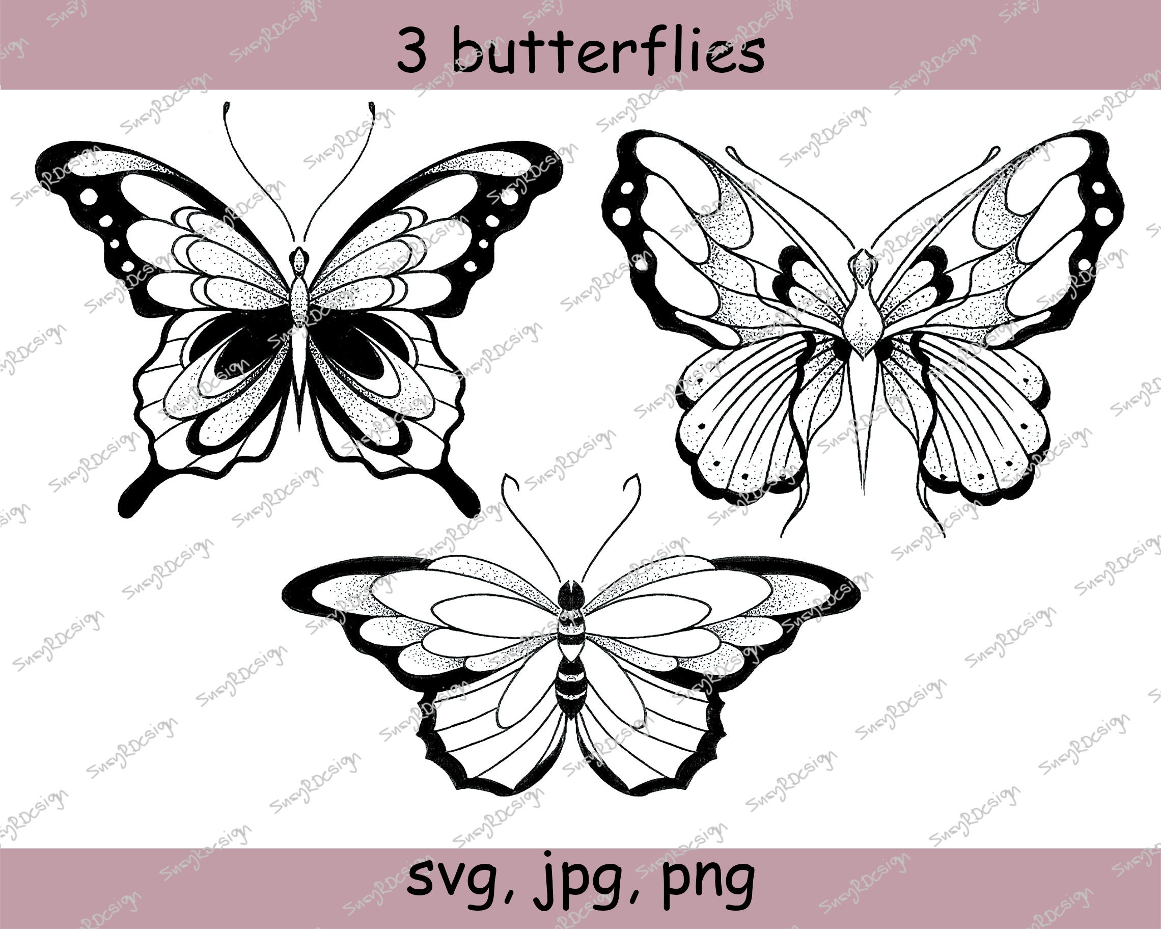 3 Butterflies Line Drawing, Animal Clip Art, Digital Downloads ...