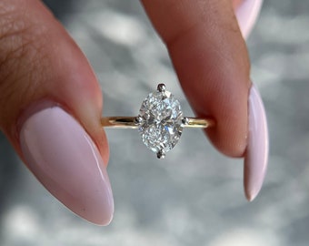 2 Carat Oval Lab Grown Hidden Halo Engagement Ring / Oval CVD Diamond VS1 F IGI / Yellow Gold ...