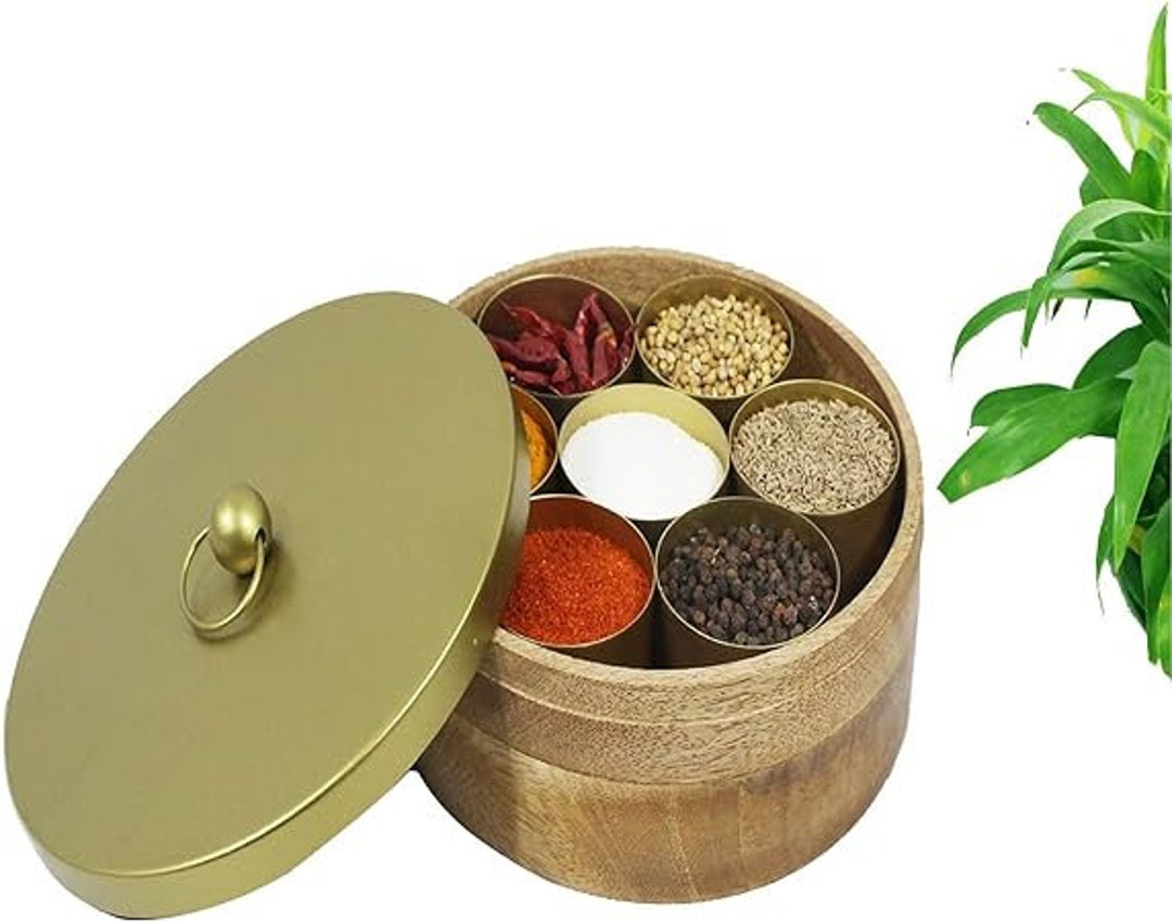 Wooden Masala Jars Containers Base Stainless 7 Jars Mango Wood - Etsy