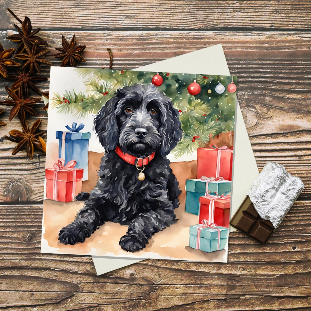 Black Cockapoo Laying by the Christmas Tree Pack of 10 Greeting Cards ...