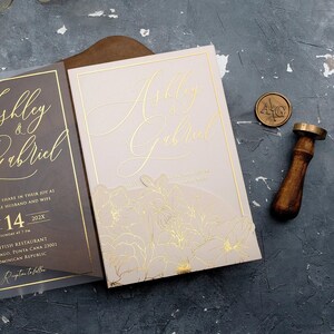 Ivory Acrylic Wedding Invitation, Pocket Envelope With Floral Gold Foil ...