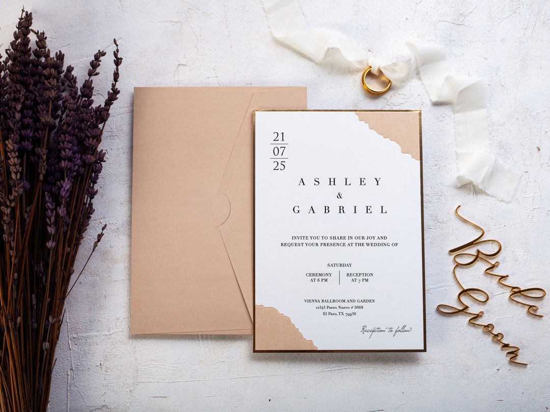 Elegant Beige and White Wedding Invitations With Gold Foil – Minimalist ...