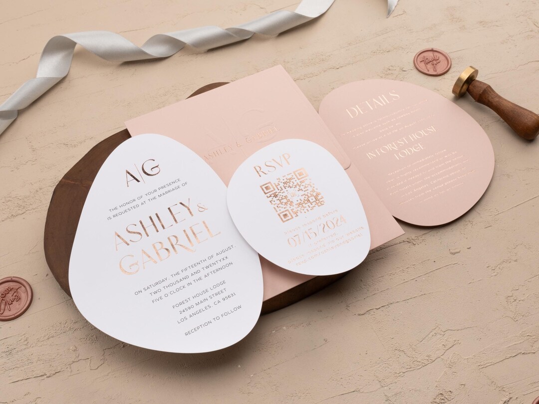 Blush Pink Invitations With Rose Gold Foil Print, Oval Wedding Invite ...