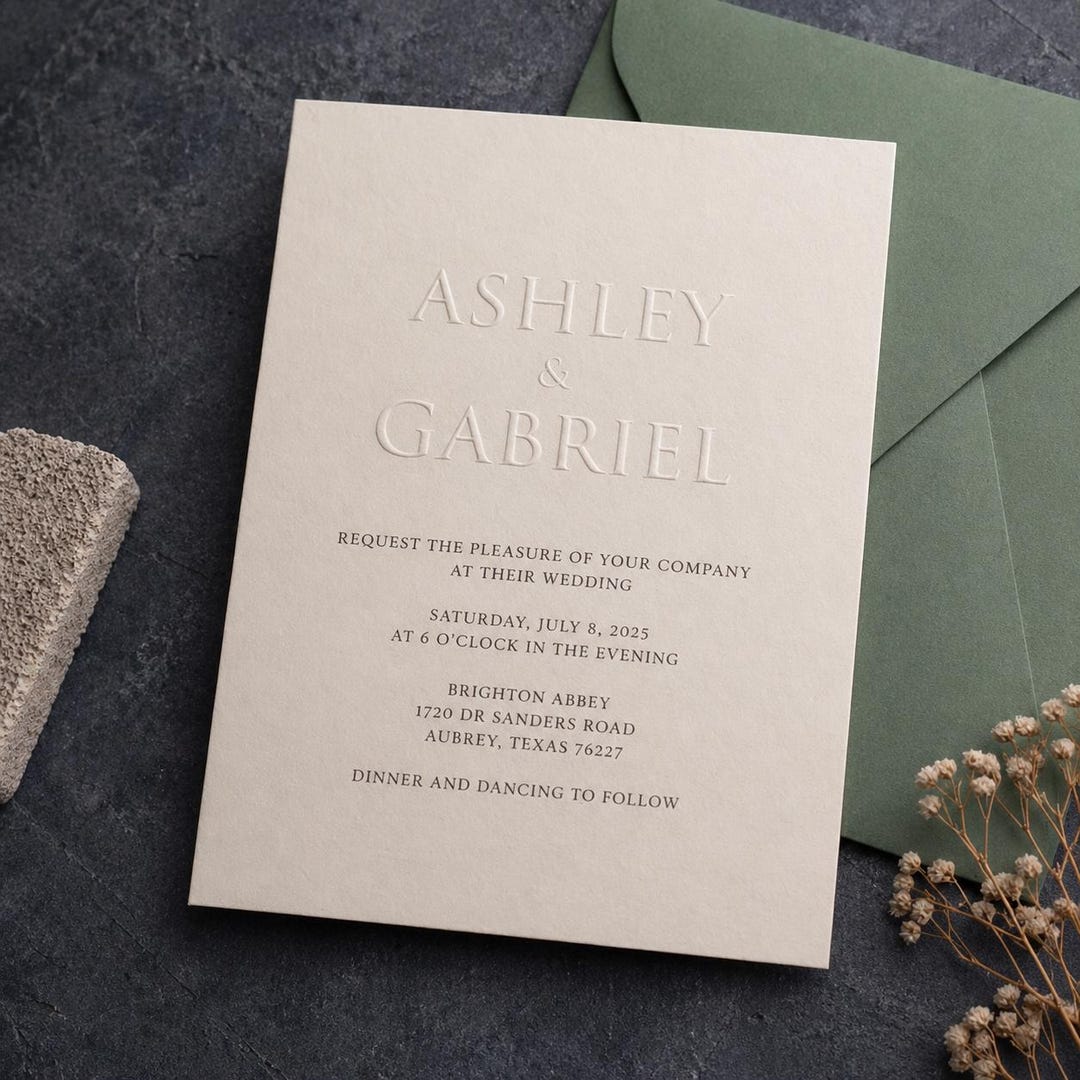 Embossed Wedding Invitation — Letterpress Wedding Invite, Minimalist ...