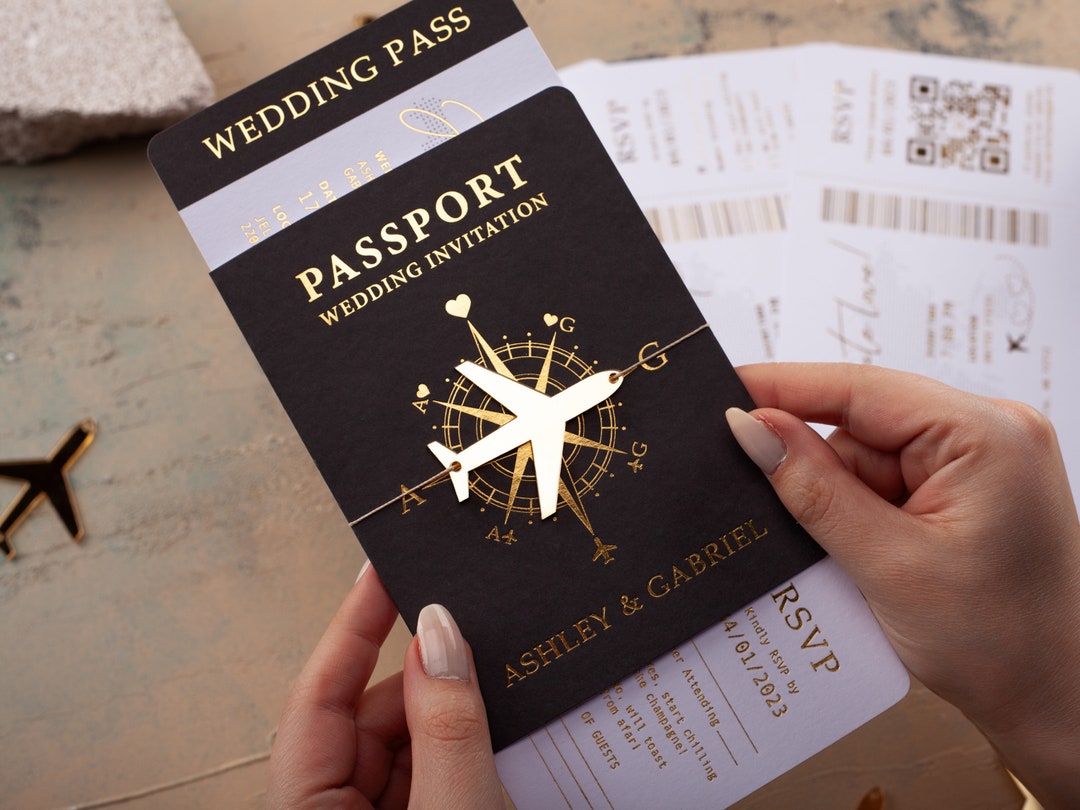 Gold Foil Passport Wedding Invitation: Airplane Boarding Pass ...