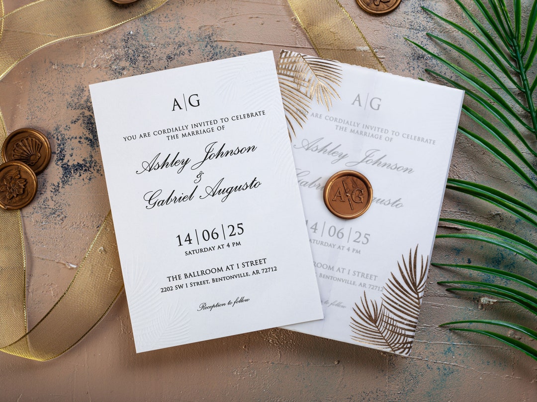 Modern Palm Wedding Invitation With Gold Foil & Wax Seal | Elegant ...