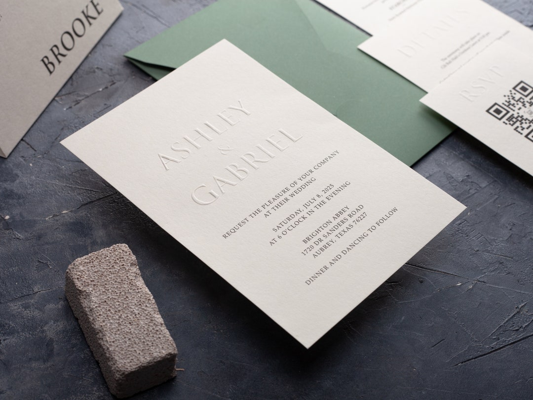 Embossed Wedding Invitation — Letterpress Wedding Invite, Minimalist ...