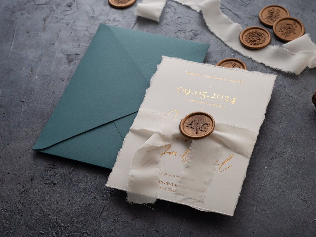 Deckled Edge Handmade Paper Wedding Invitations With Gold Foil Printing ...