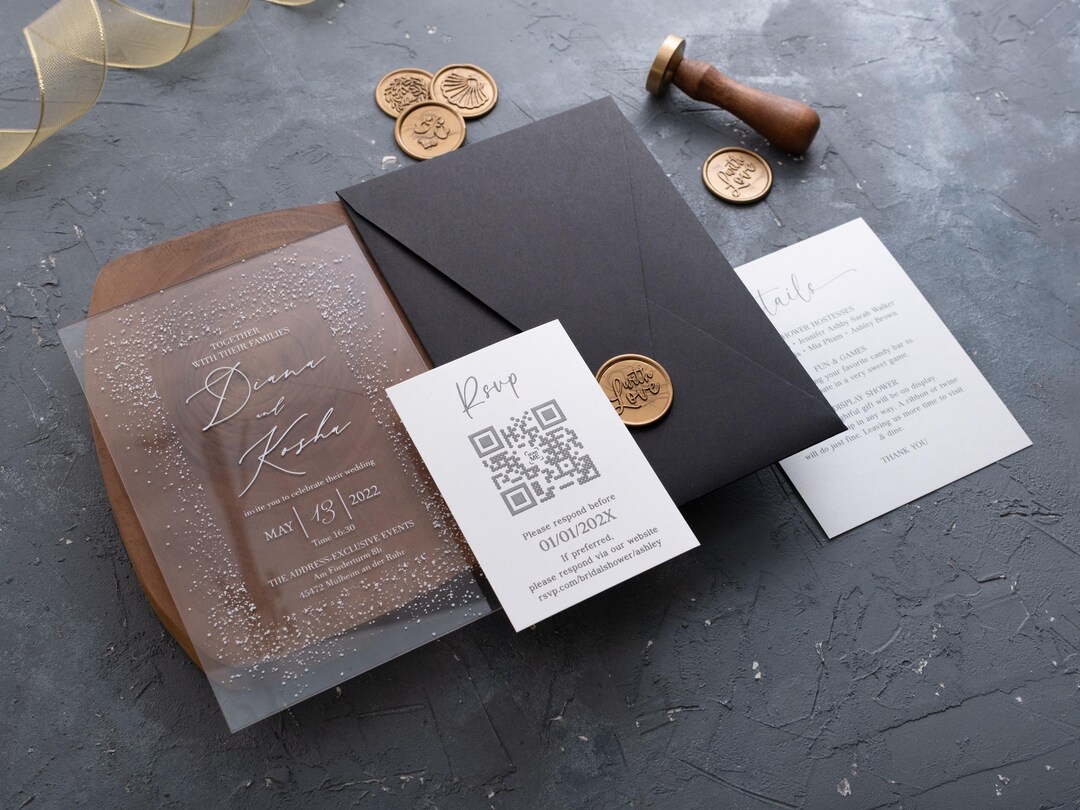 Acrylic Wedding Invitation Set: White Ink, Gold Wax Seal, Modern ...
