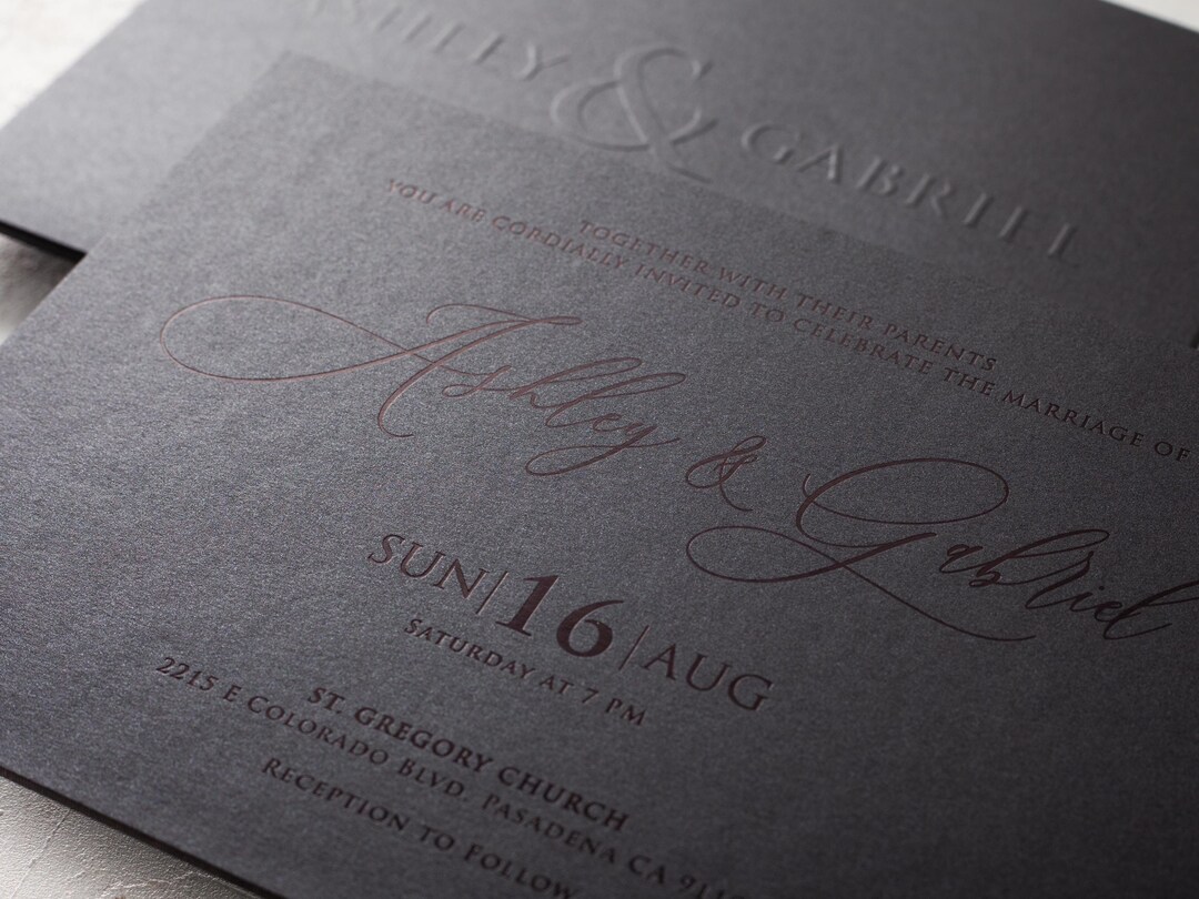 Luxury Black Wedding Invitation Set – Embossed Monochrome Black-on ...