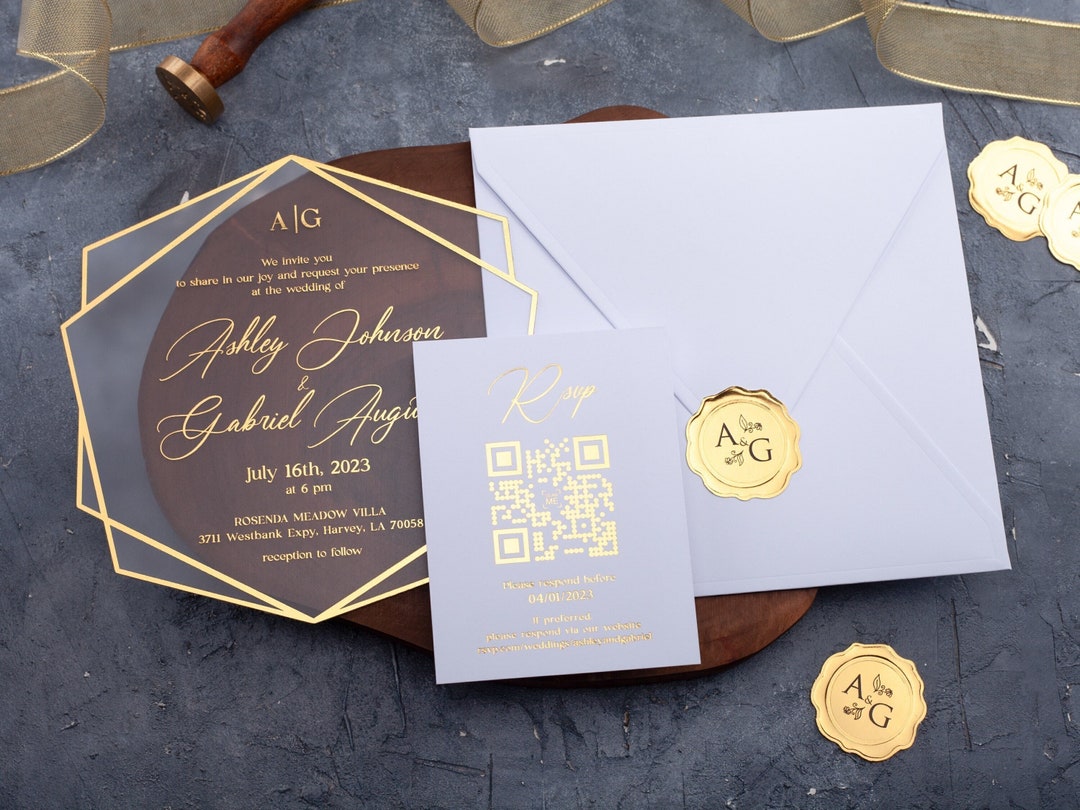 Gold Foil Acrylic Wedding Invitation With White Envelope, Hexagon Clear ...