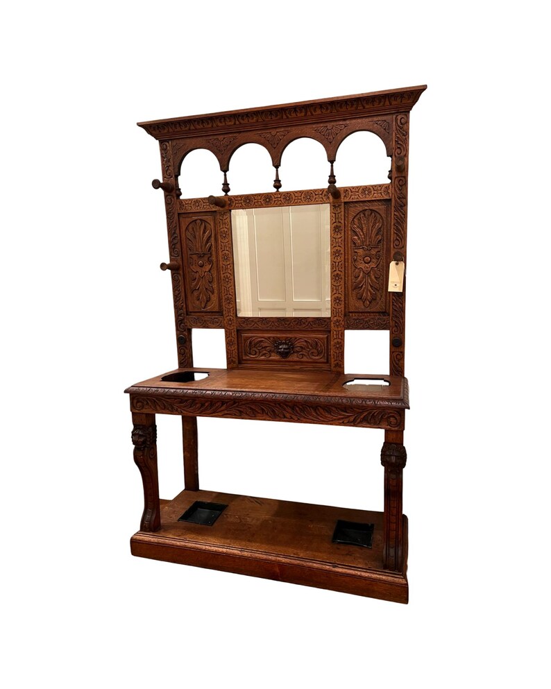 Antique Carved Wood Hall Tree With Mirror, Umbrella Stand, Renaissance ...