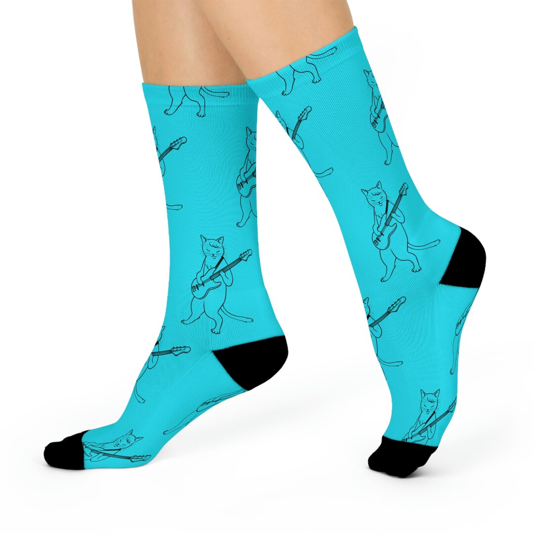 Rock 'N Roll Bass Cat Crew Socks (turquoise) - Musician Gift for Bass ...