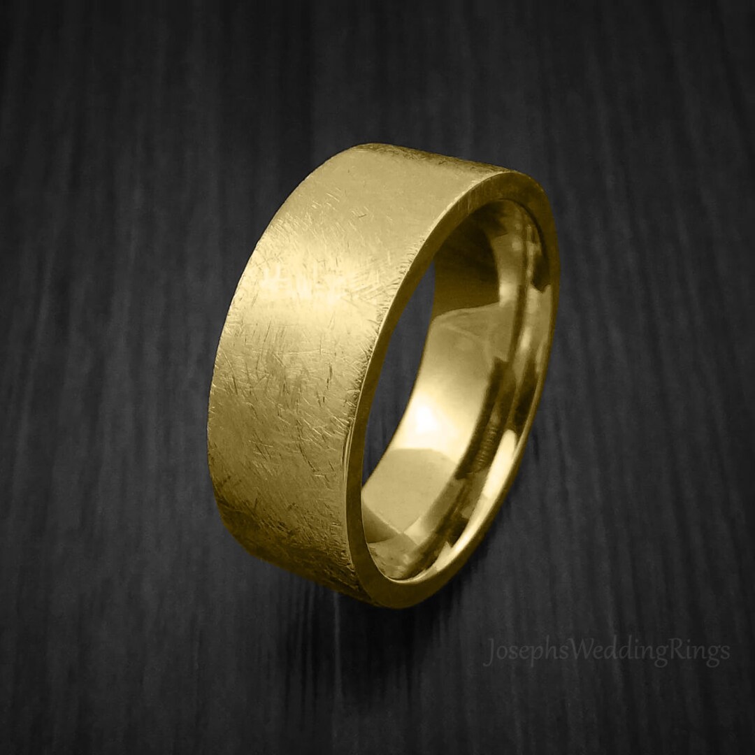 Scratched 9K or 18K Solid Gold Flat Shaped Wedding Band in 3/4/5/6MM ...