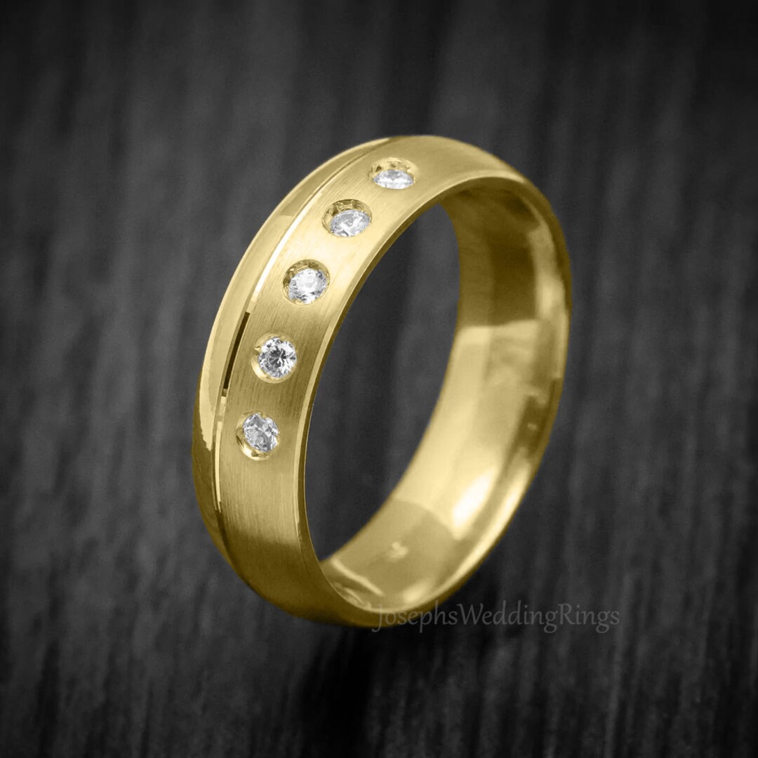9K or 18K Real Gold Wedding Band With 5 Diamonds & Satin Finish in 3/4 ...