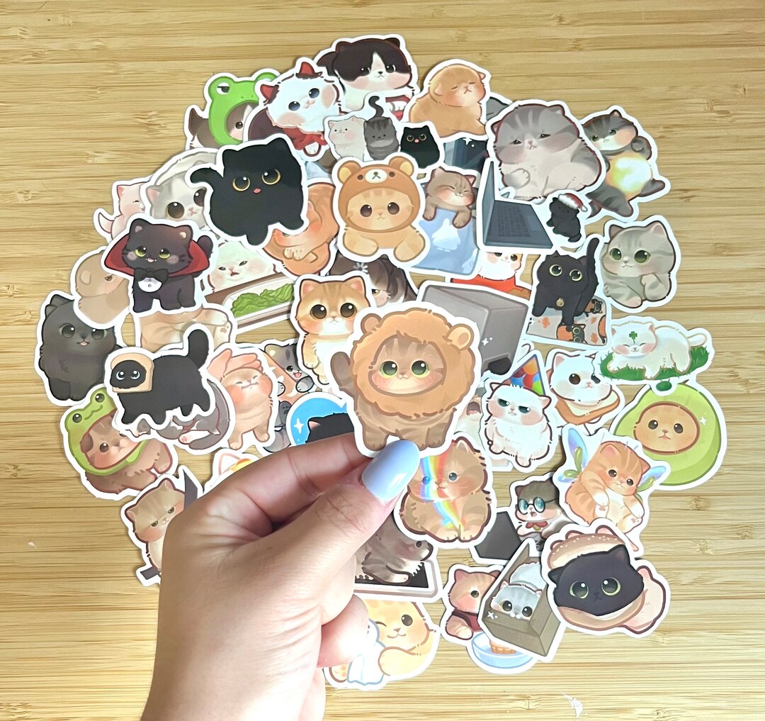 Funny Cats Sticker Pack, Kawaii Watercolor Black Cat Vinyls, Cute ...