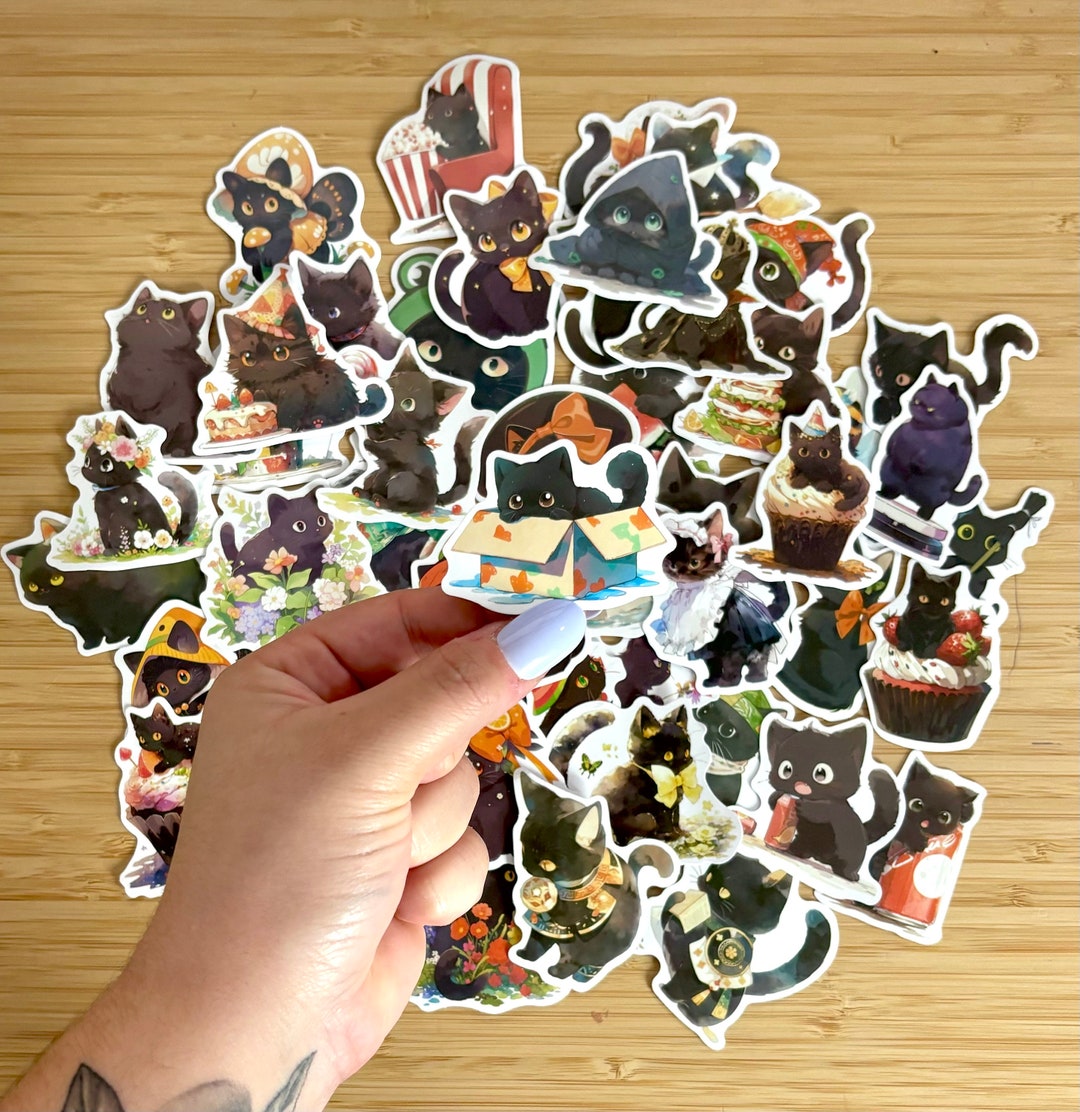 Kawaii Black Cat Sticker Pack, Waterproof Funny Dark Kitty Decals, Cute ...