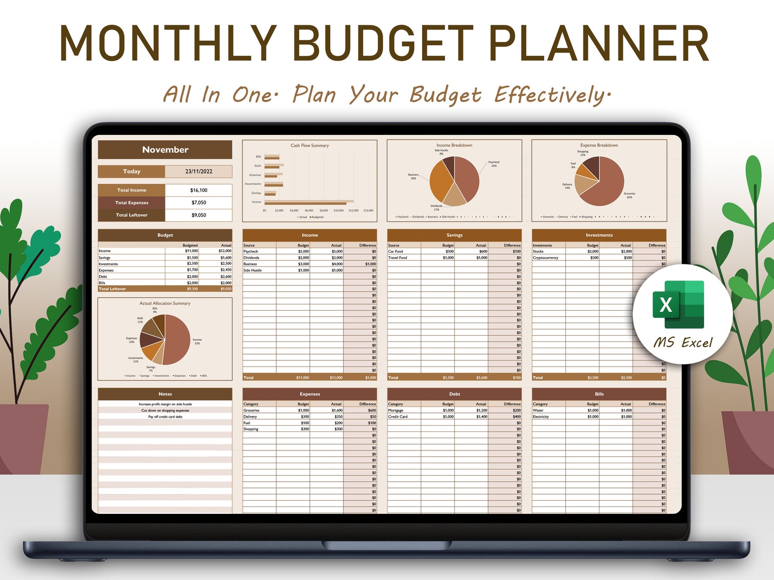 Monthly Budget Planner Excel Spreadsheet Template Digital Budget ...