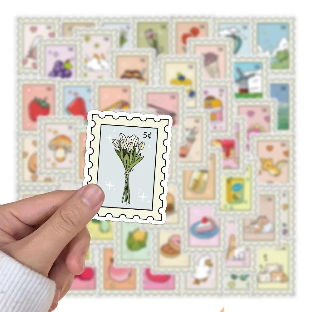 50PCS Cute Postage Stamp Stickers | Kawaii Animal Food Floral Stamp ...
