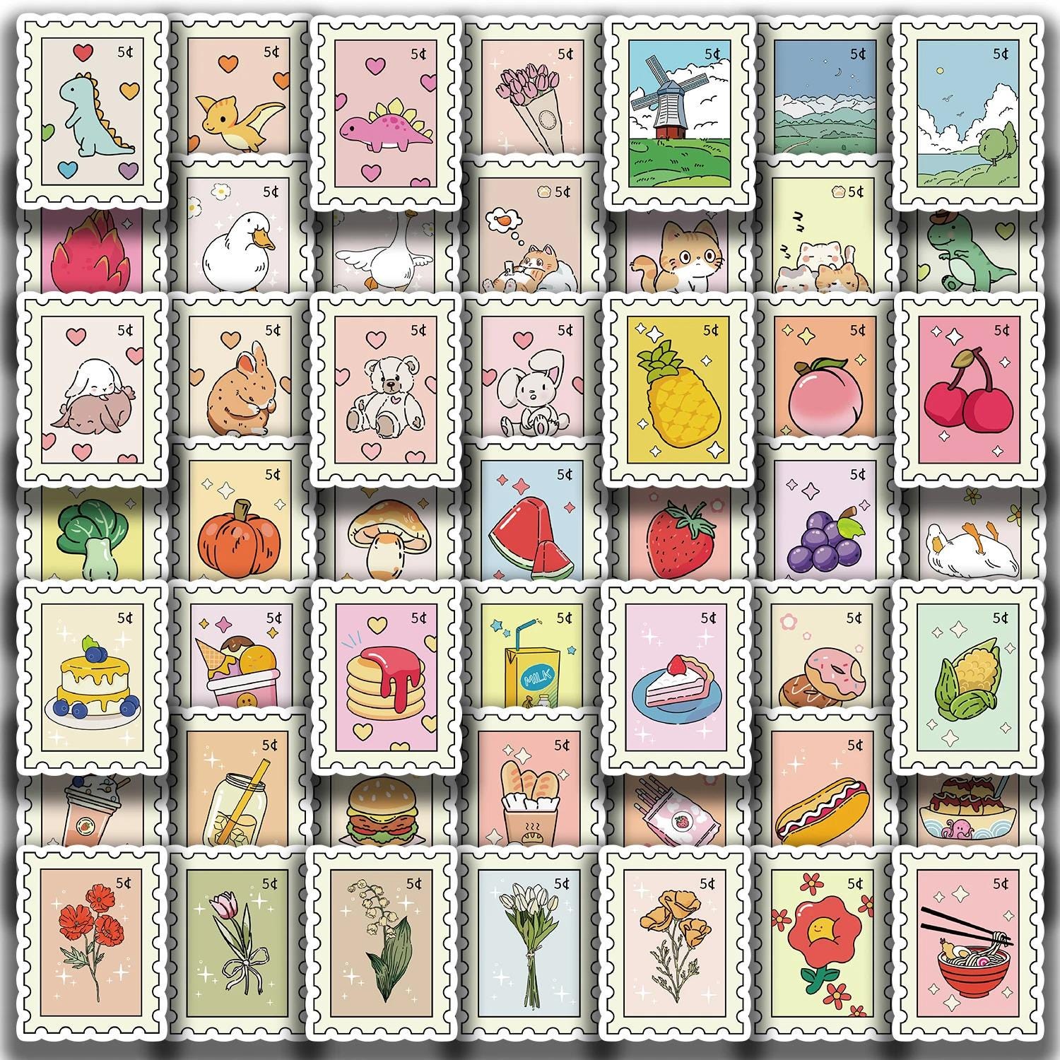 50PCS Cute Postage Stamp Stickers | Kawaii Animal Food Floral Stamp ...