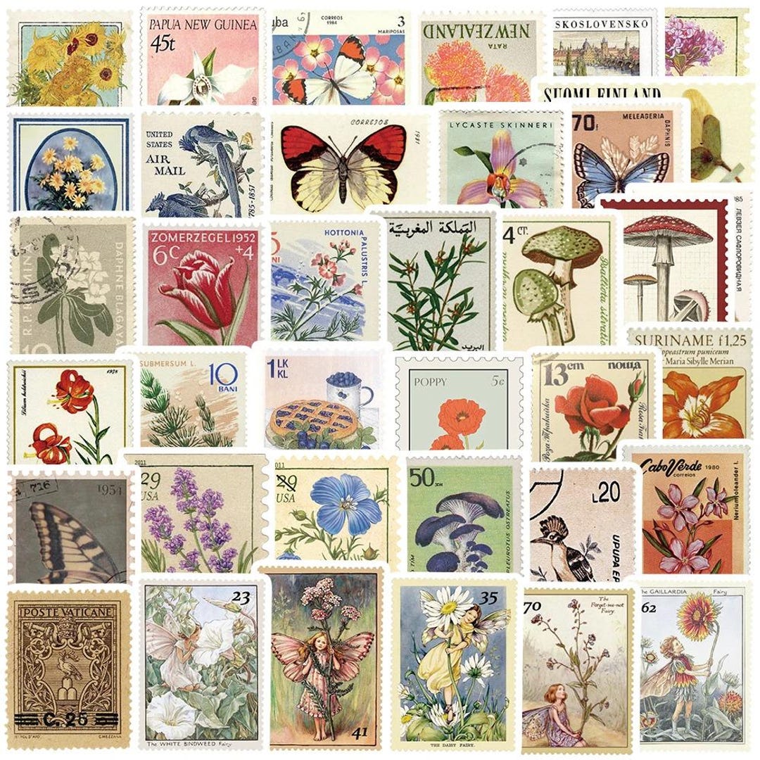 50PCS Vintage Botanical Postage Stamp Decal – Floral Ephemera Stamp ...