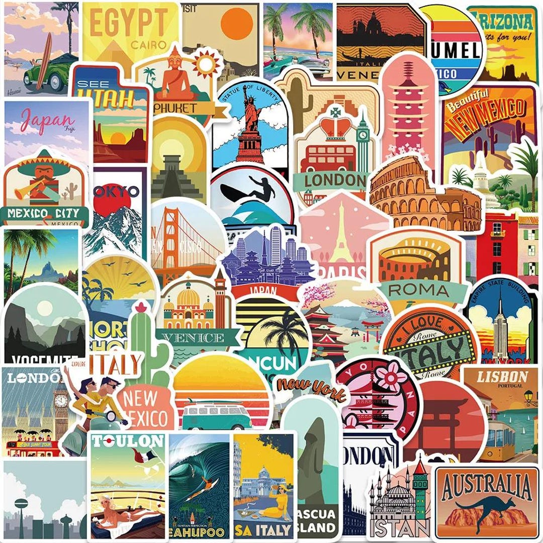 50 PCS Travel Sticker Pack – Retro City Landmark Stickers of Europe ...