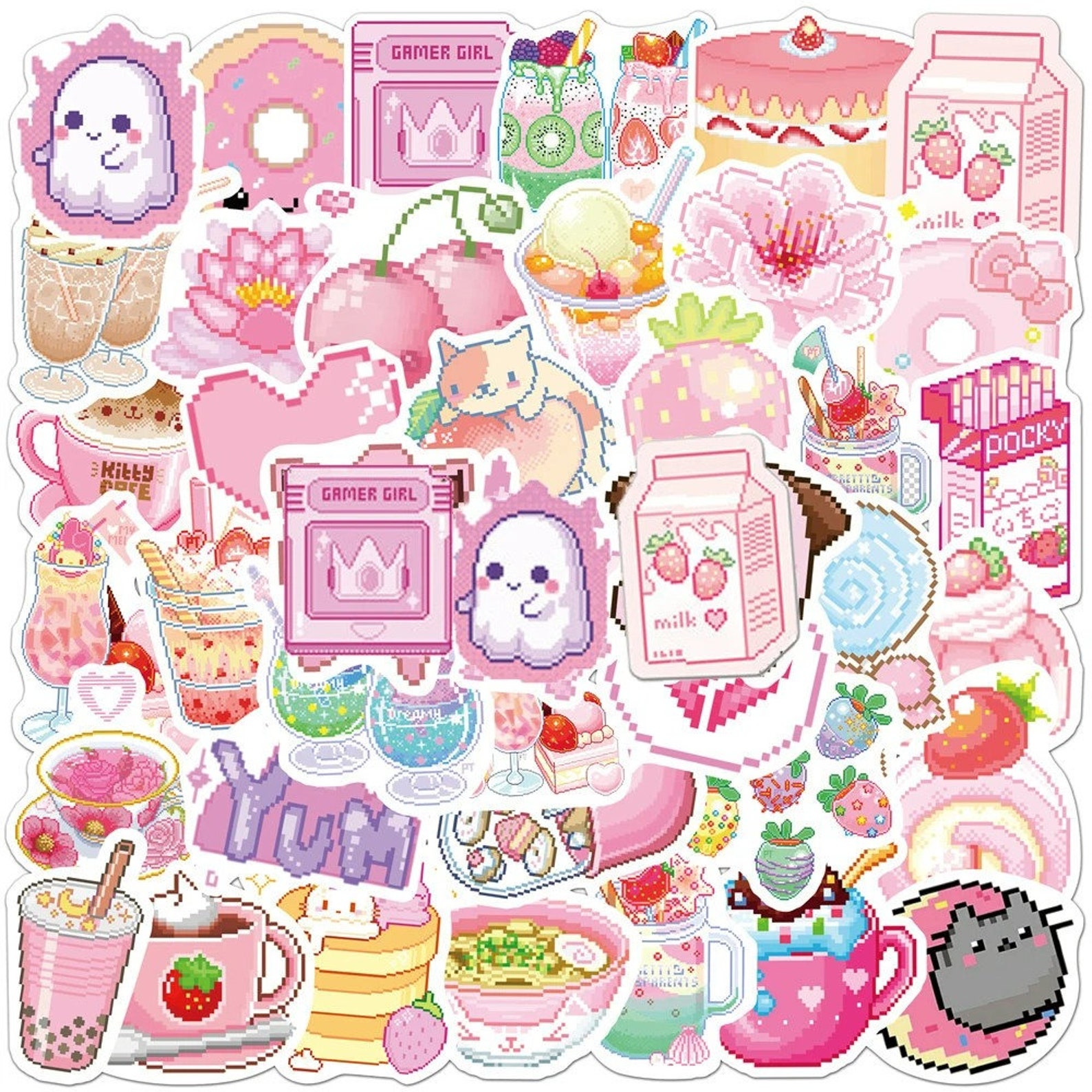 10/30/50pcs Cute Pixel Art Sticker |kawaii Pink Pastel Sticker Pack ...
