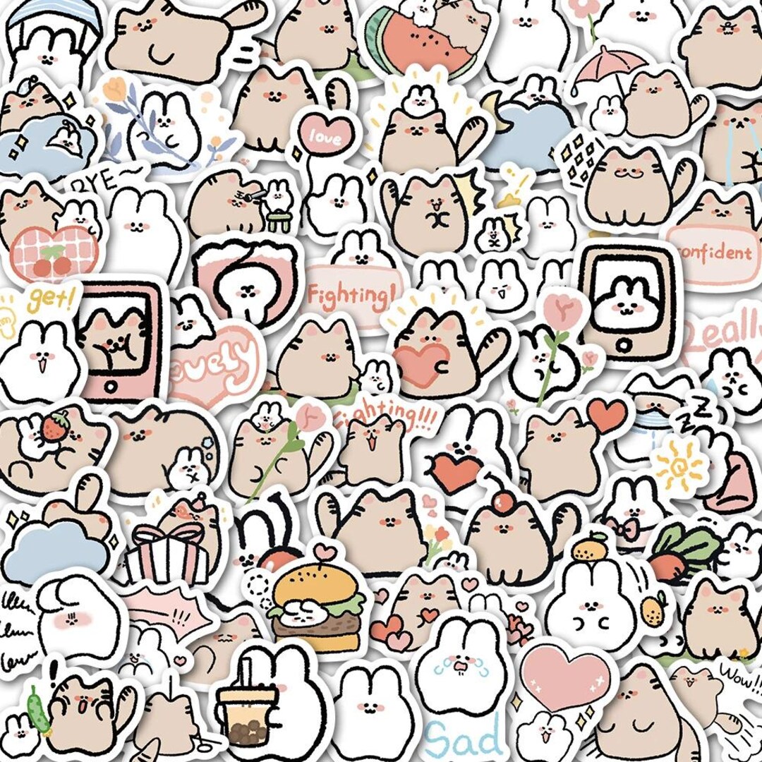 60PCS Adorable Cartoon Cat and Bunny Sticker Set - Cute Animal Vinyl ...