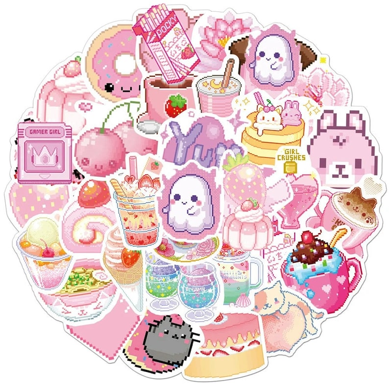 10/30/50pcs Cute Pixel Art Sticker |kawaii Pink Pastel Sticker Pack ...