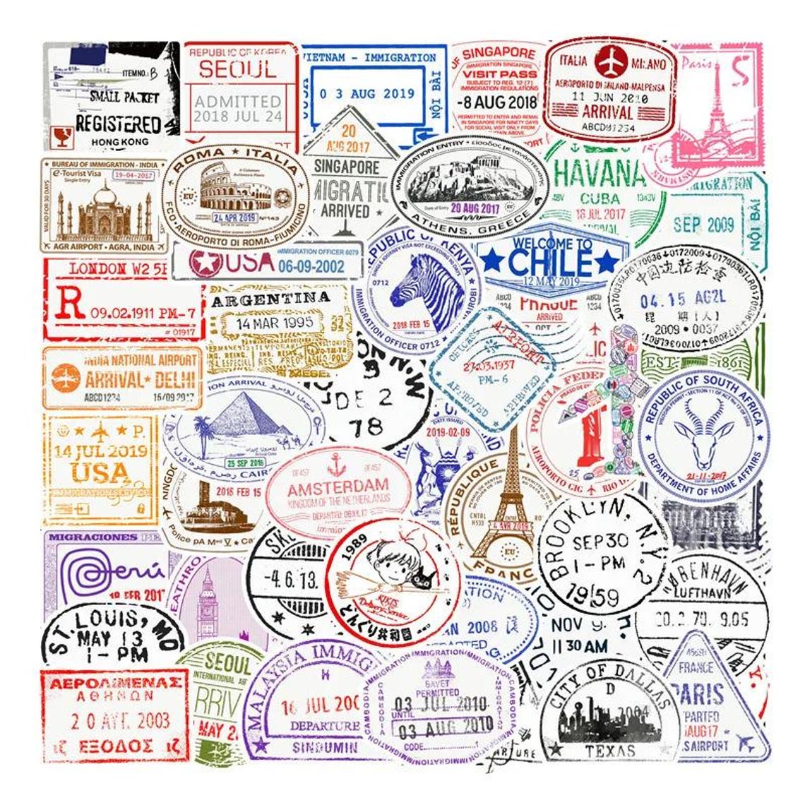 50PCS Passport Stamp Sticker | Travel Stickers for Journals, Scrapbook ...