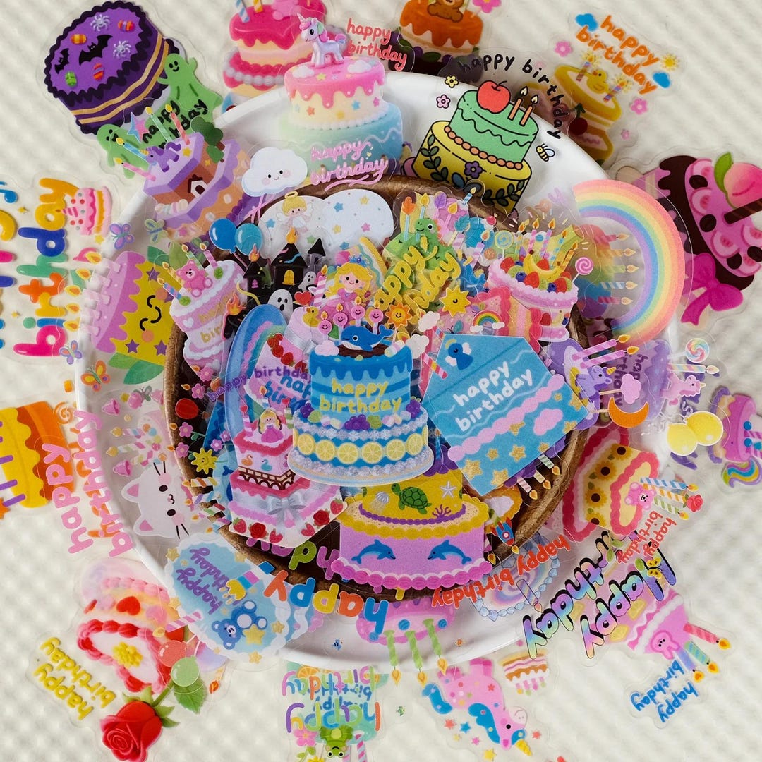 50PCS Colorful Happy Birthday Cake PET Stickers – Cute Birthday Party ...