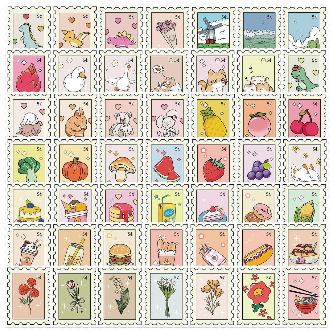 50PCS Cute Postage Stamp Stickers | Kawaii Animal Food Floral Stamp ...