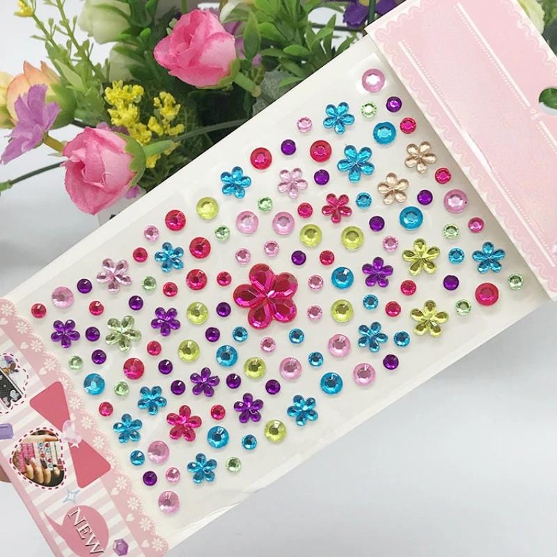 1 Sheet 12x7.6cm Kawaii Gem Sticker Pack – Sparkly Flower 3D Crystal ...