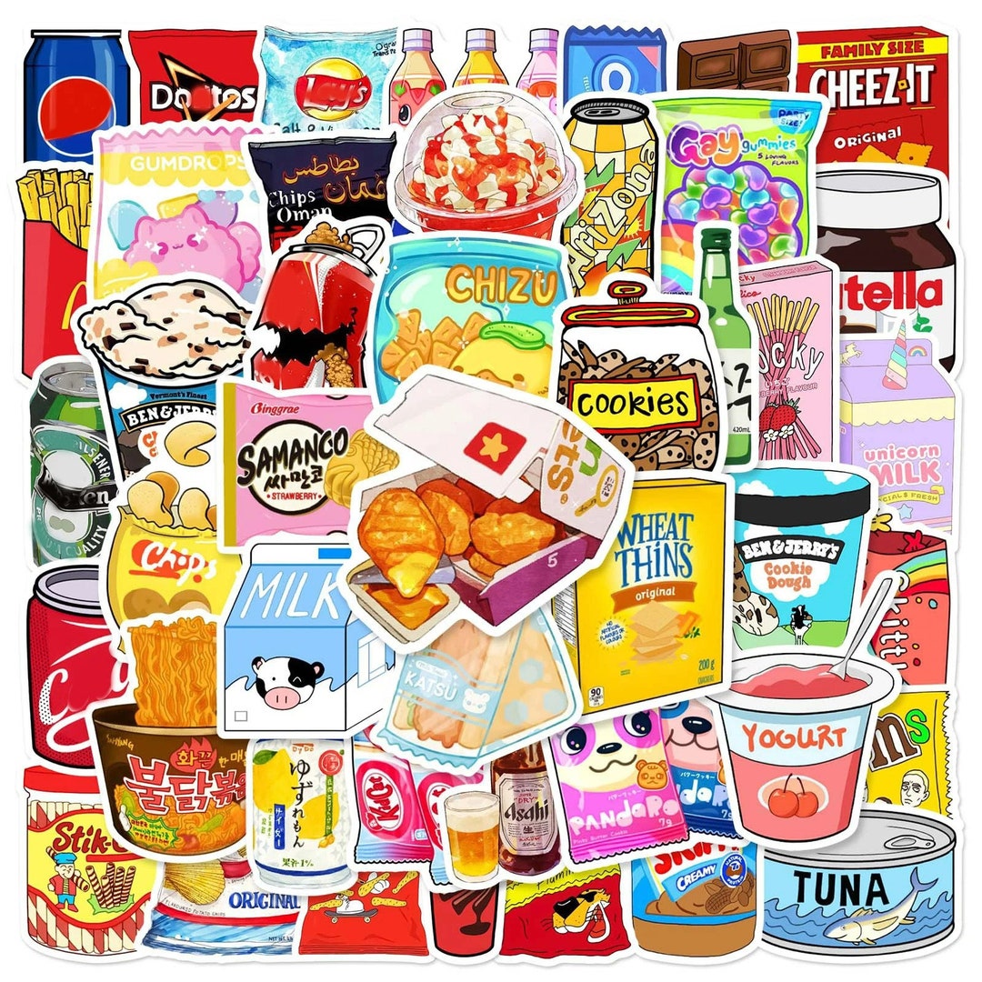 50PCS Food-themed Snack Stickers | Cute Aesthetic Junk Food Vinyl ...