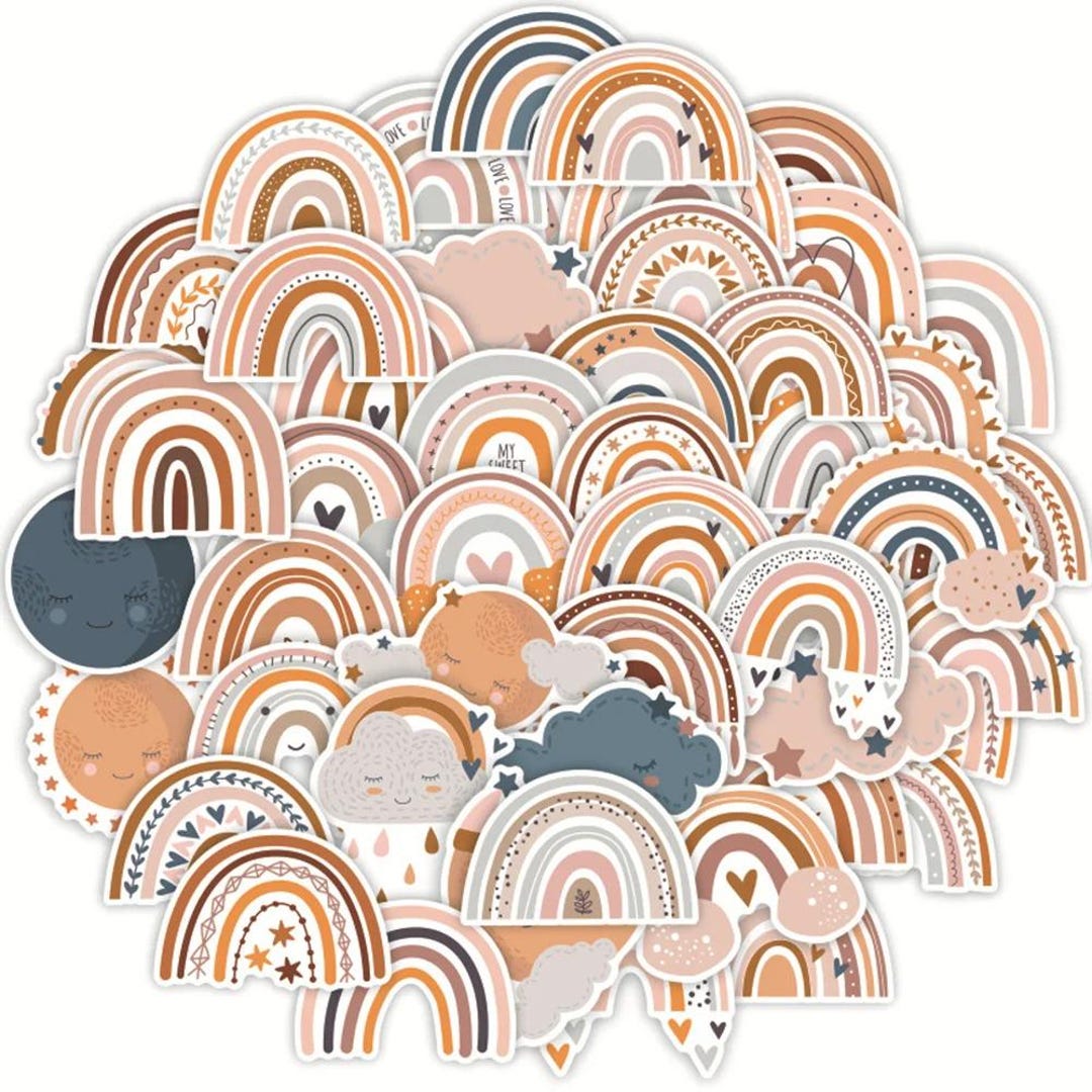 10/30/50PCS Boho Rainbow Sticker Pack – Neutral Pastel Rainbows, Clouds ...