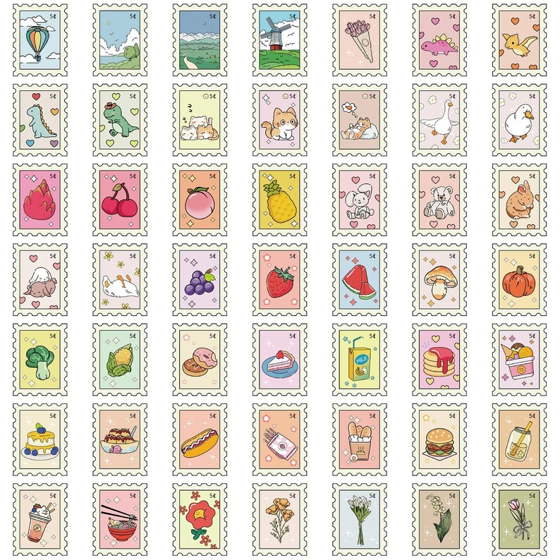 50PCS Cute Postage Stamp Stickers | Kawaii Animal Food Floral Stamp ...