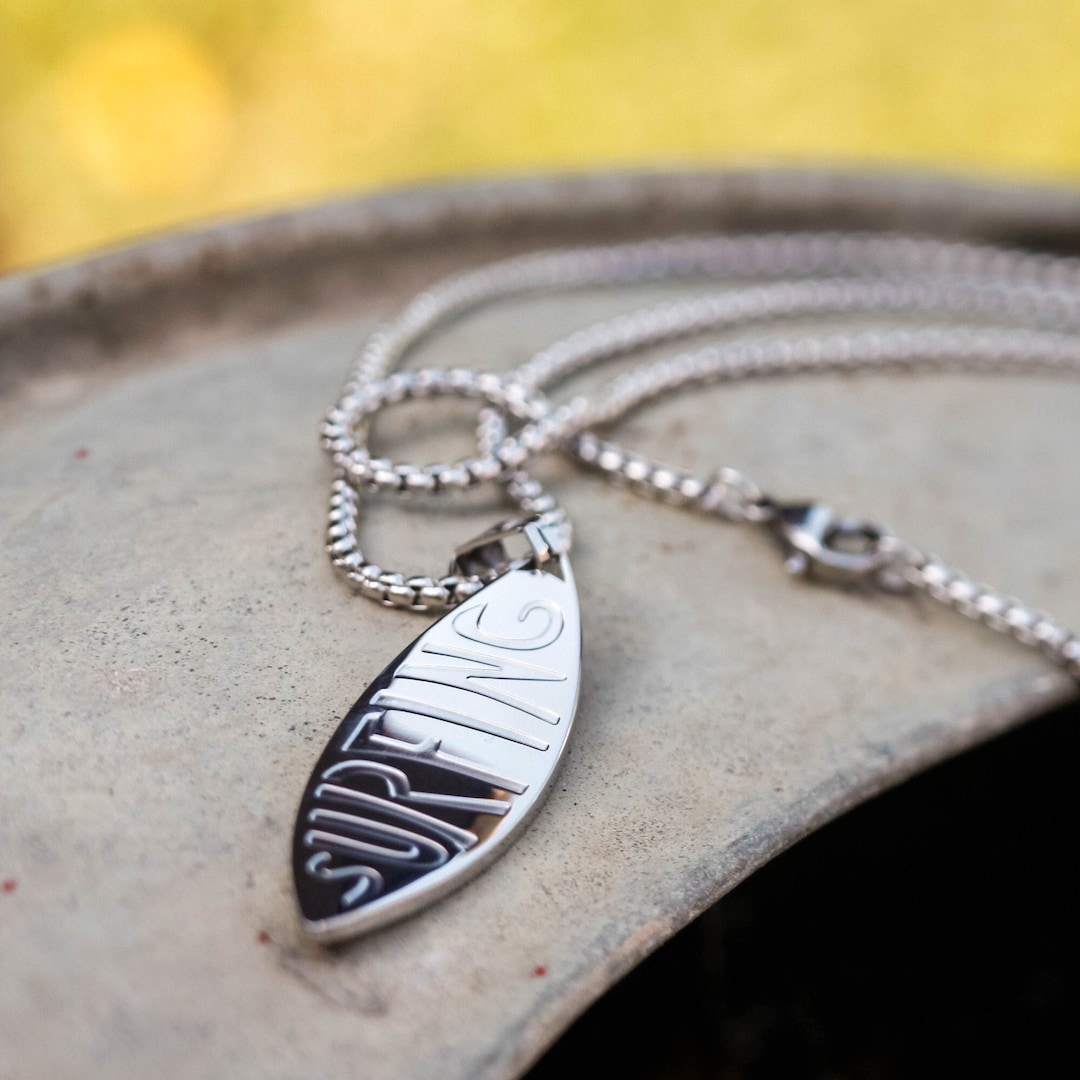 Men's Silver Surf Necklace, Surfer Necklace With Engraving, Surfboard ...