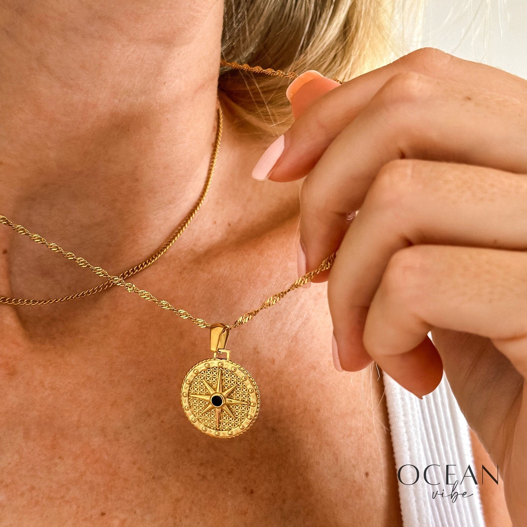 Compass Necklace Women 18k Gold, Gold Compass Pendant, North Star ...