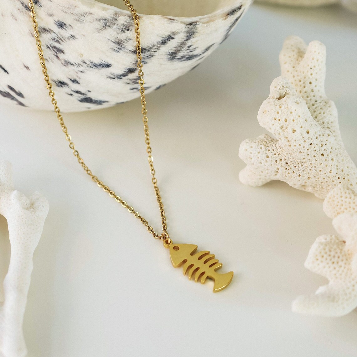 Gold Fishbone Pendant, Gold Fish Necklace, Minimalist Fish Pendant ...