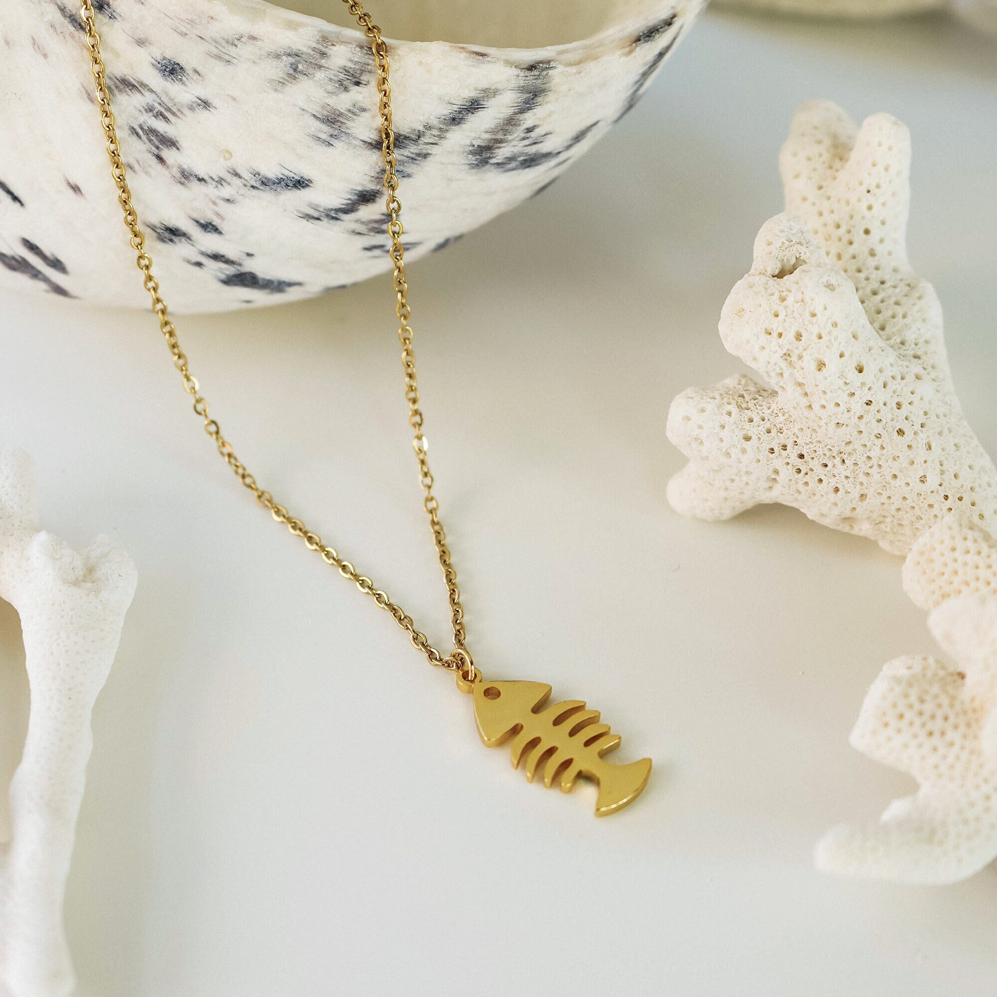 Gold Fishbone Pendant, Gold Fish Necklace, Minimalist Fish Pendant ...