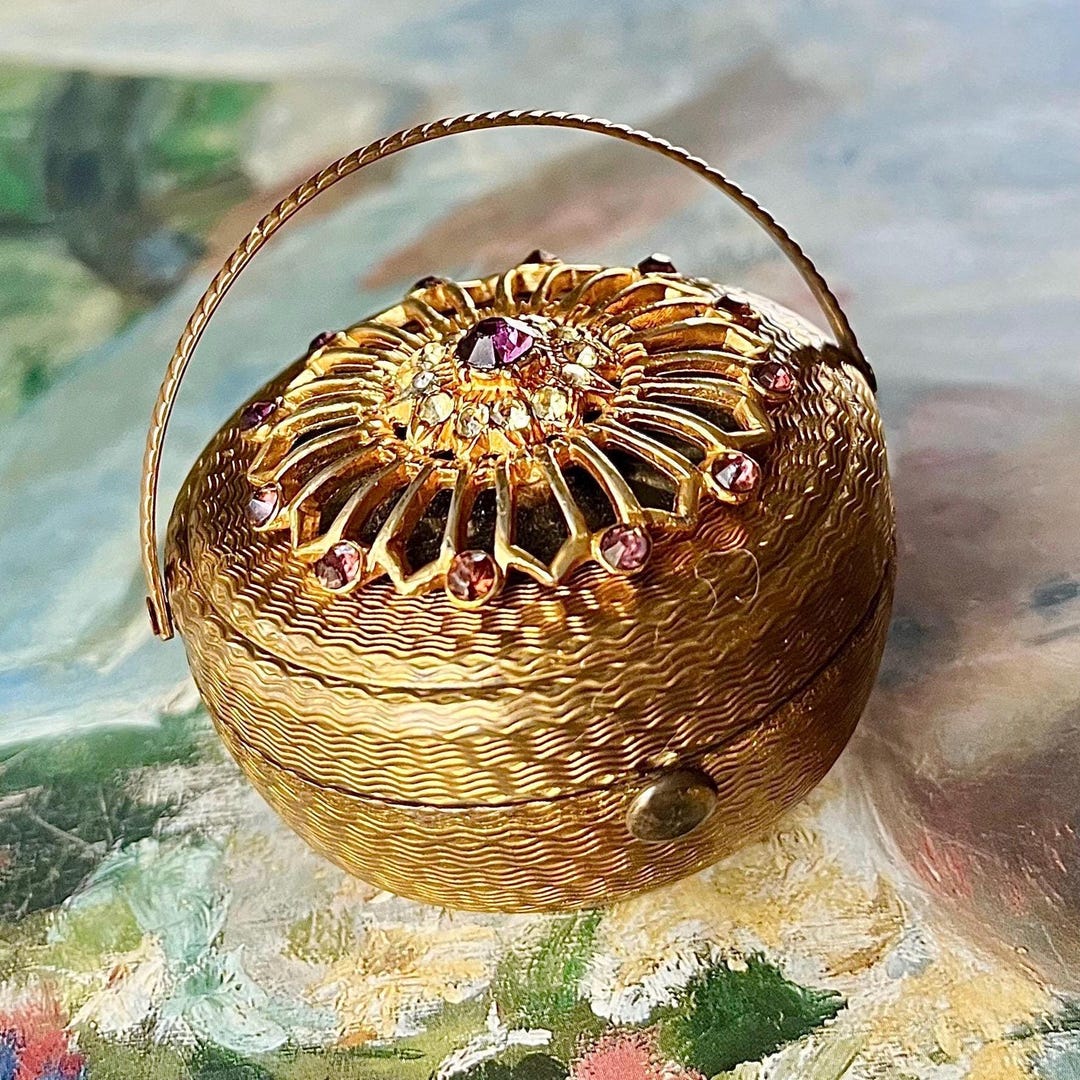 Kigu “bouquet” Figural Basket Powder Compact. Brass Case With Amethyst ...