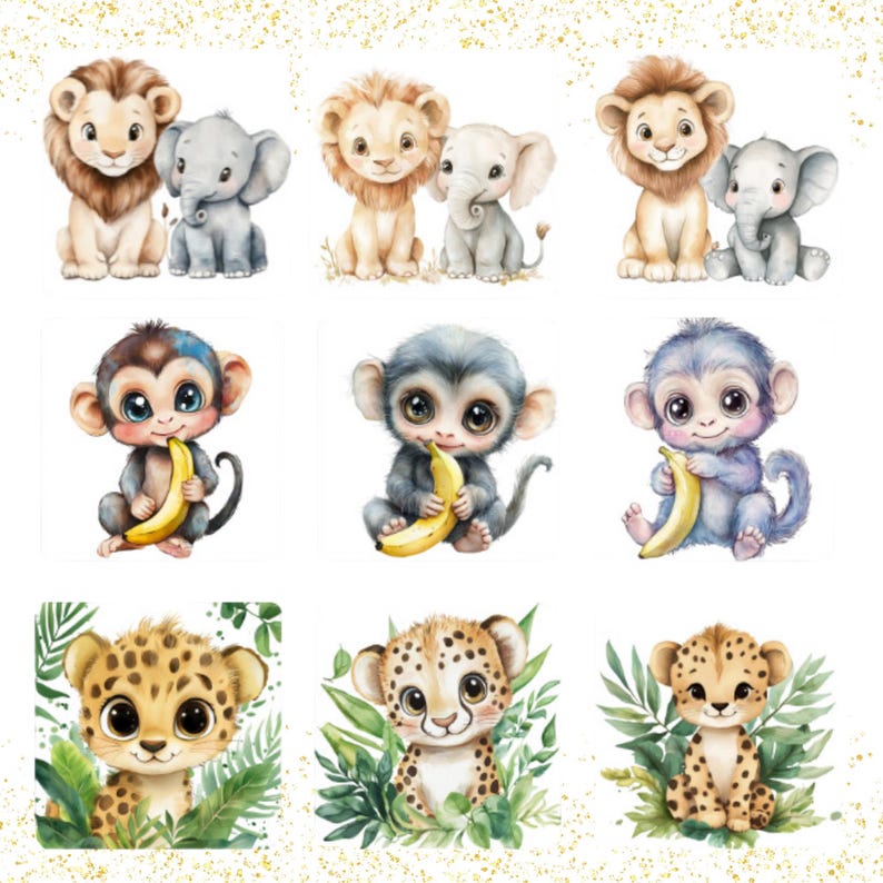 Cute Neutral Baby Safari Animal Clipart Set, Watercolor PNG and SVG ...