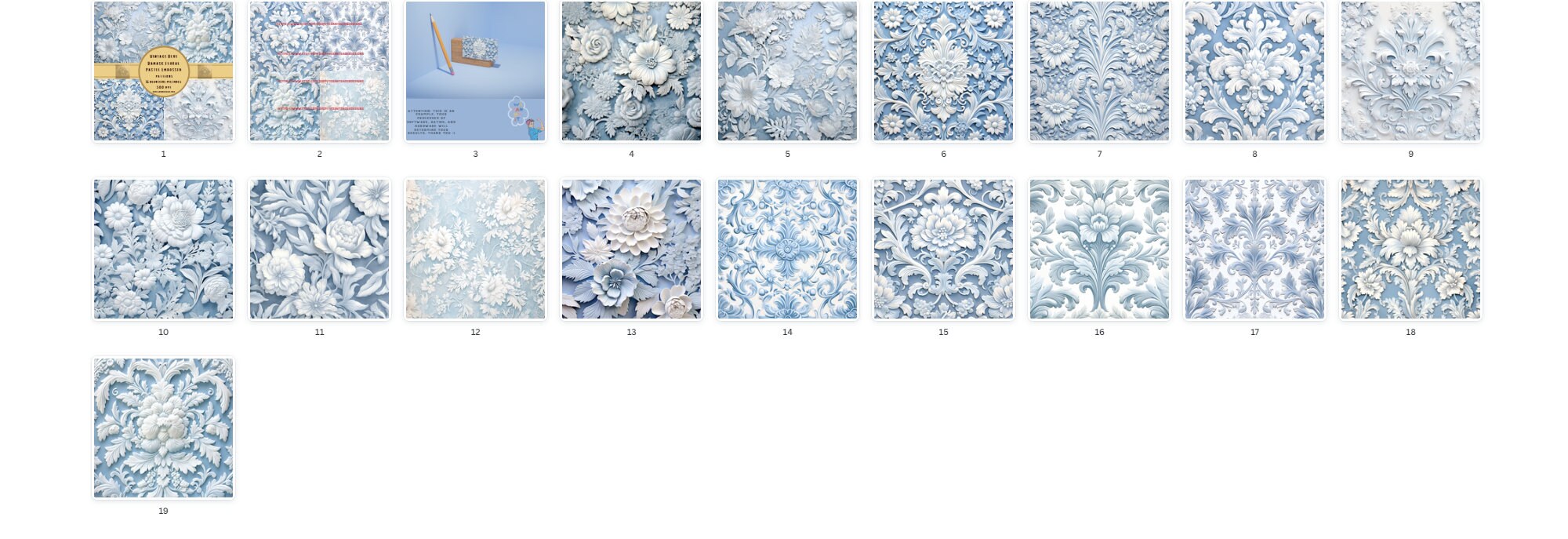 White & Dusty Blue DAMASK Embossed FLOWERS PATTERN Bundle, Stencil ...