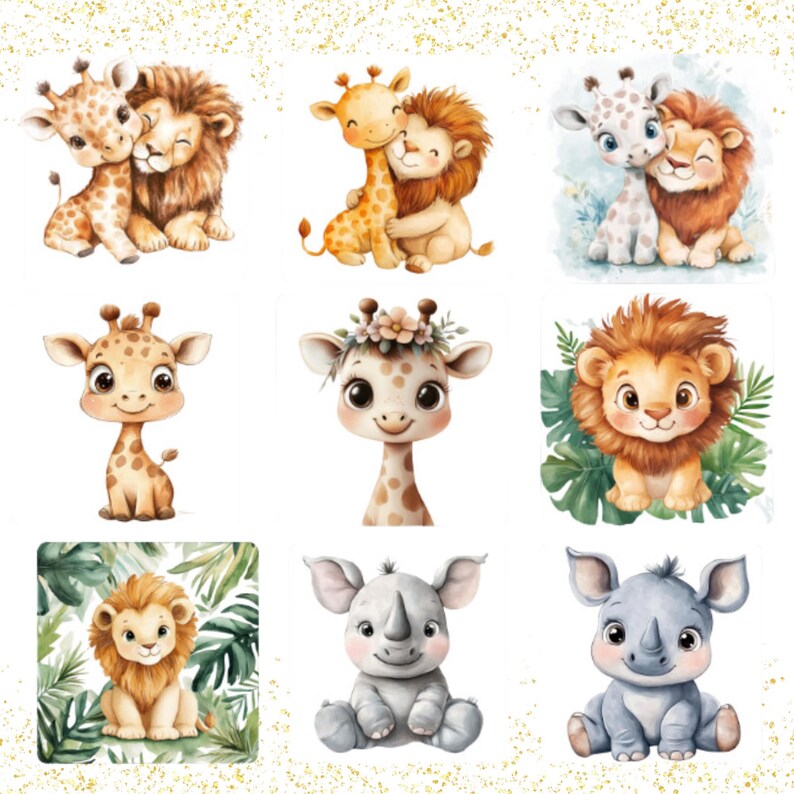 Cute Neutral Baby Safari Animal Clipart Set, Watercolor PNG and SVG ...